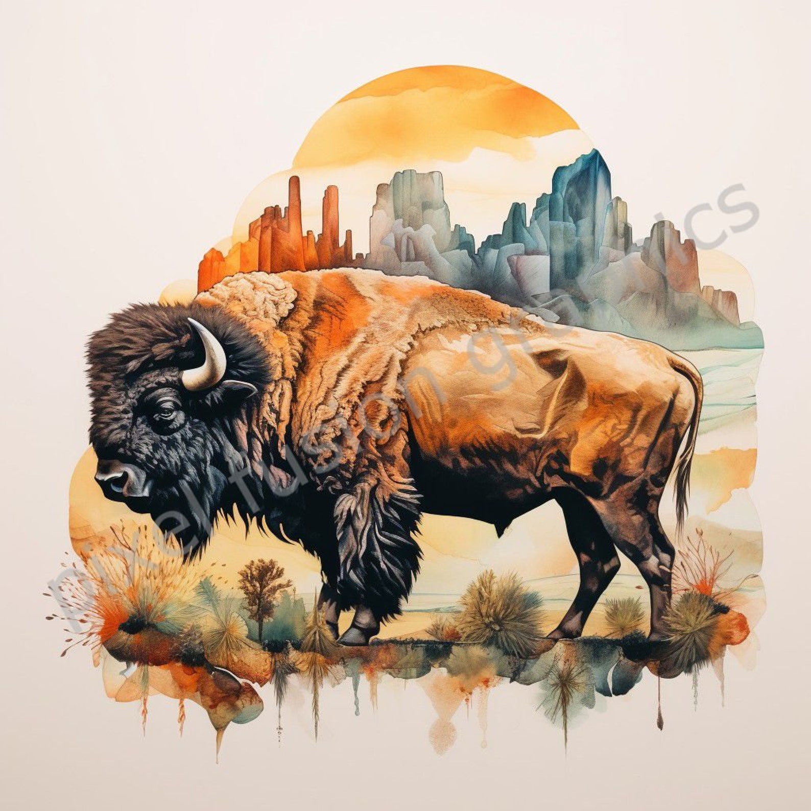Watercolor Bison Clip Art American Southwest Bison Great Plains Bison ...