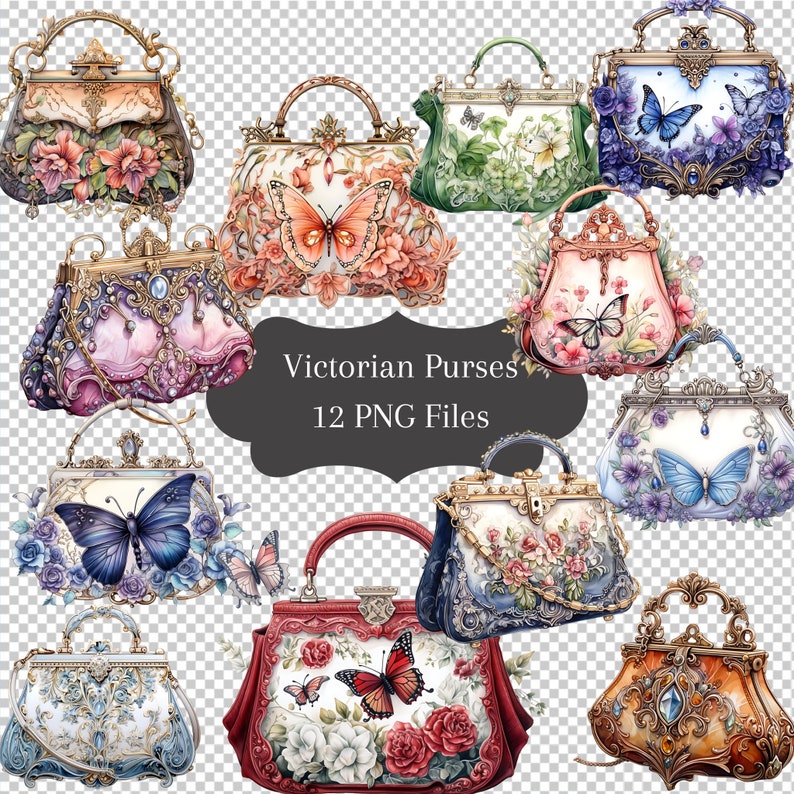 Victorian Purses Watercolor Clipart, Floral Decorated Purses (digital ...