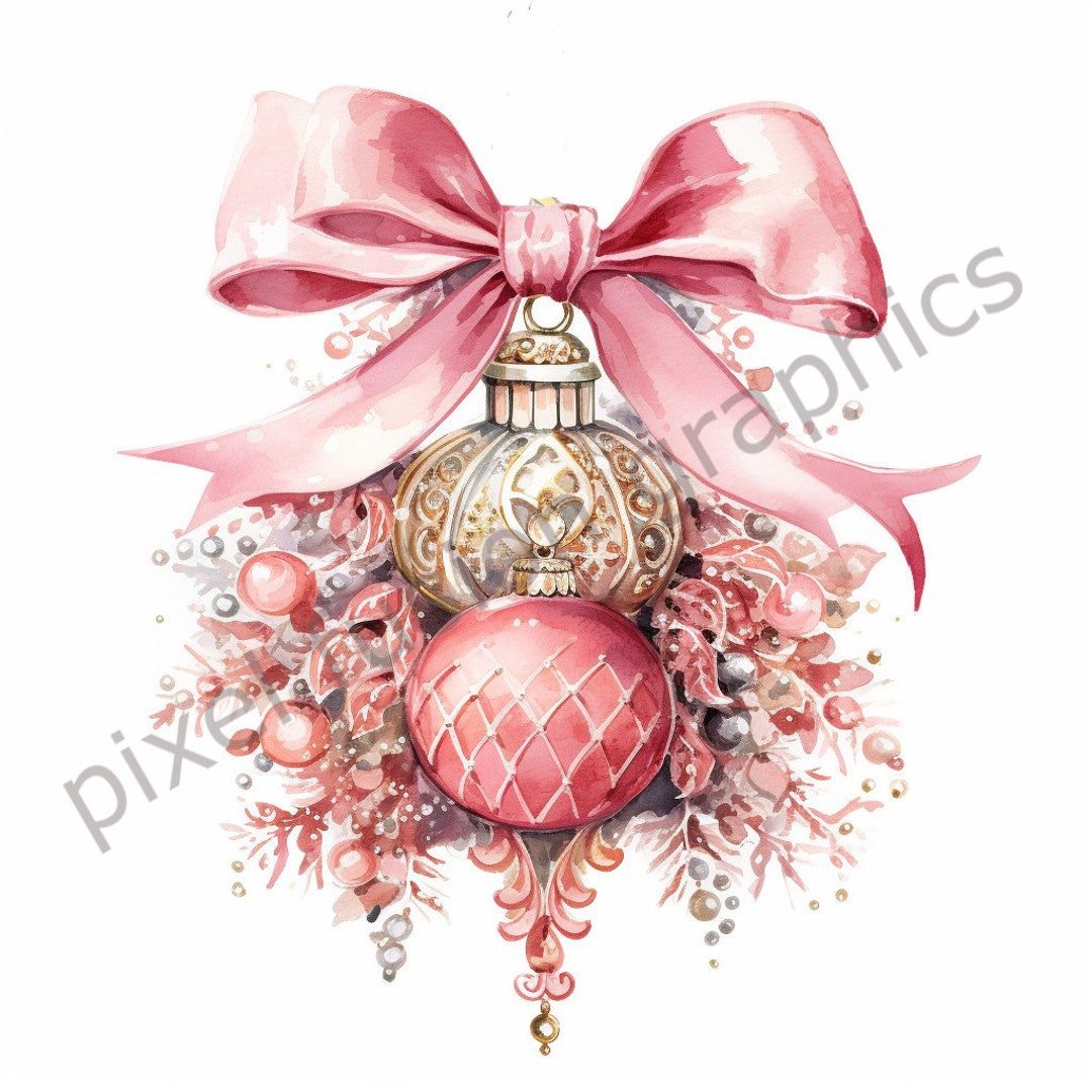 Christmas Ornaments Watercolor Clip Art, 20 Pink PNG Balls Transparent ...