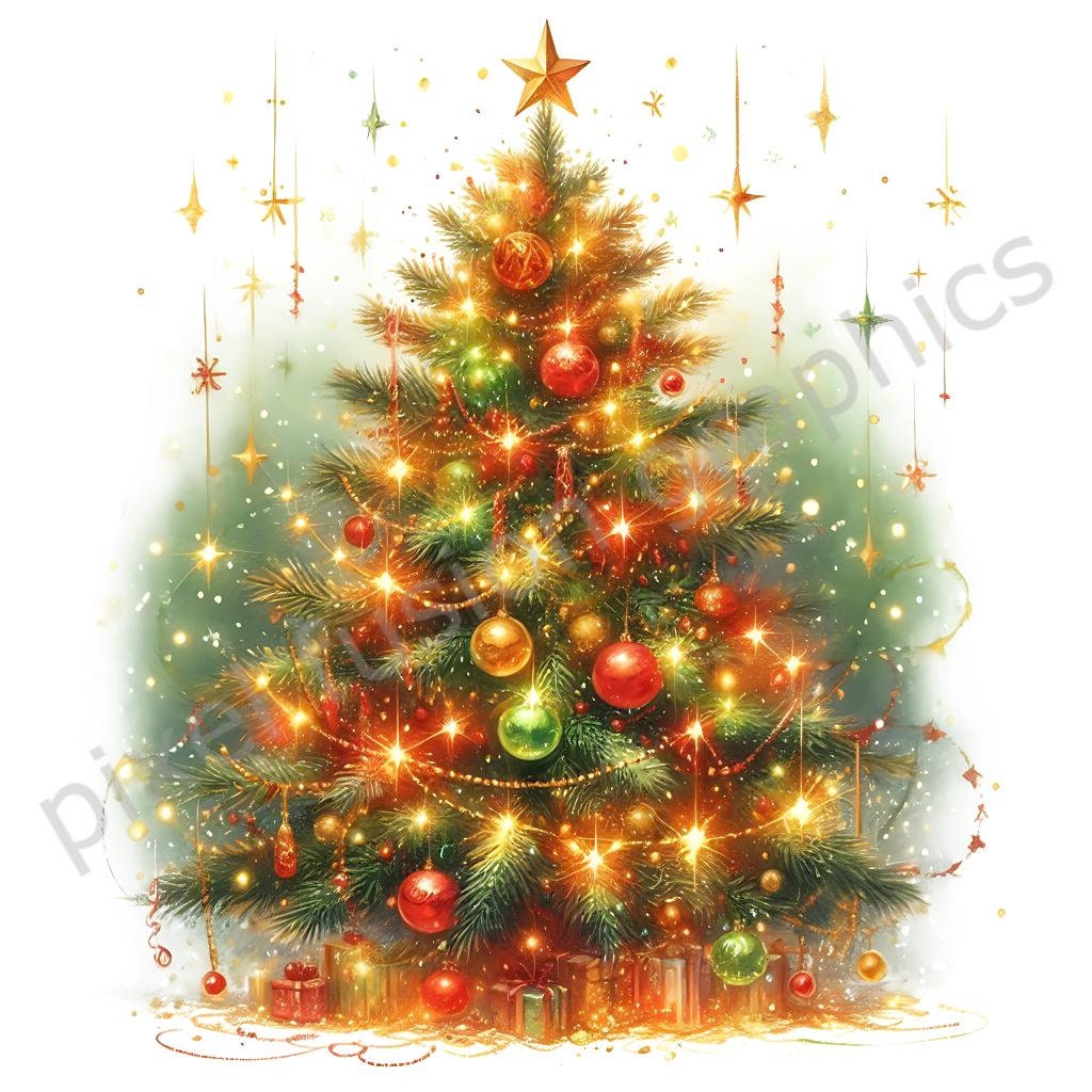 Christmas Trees Clip Art, Red and Gold PNG Images, Digital Planners ...