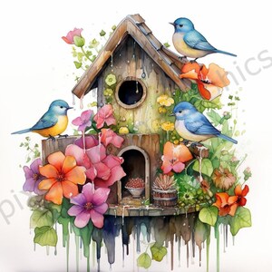 Watercolor Bird Houses Clip Art Set Floral Spring Bird and Houses Rainy ...