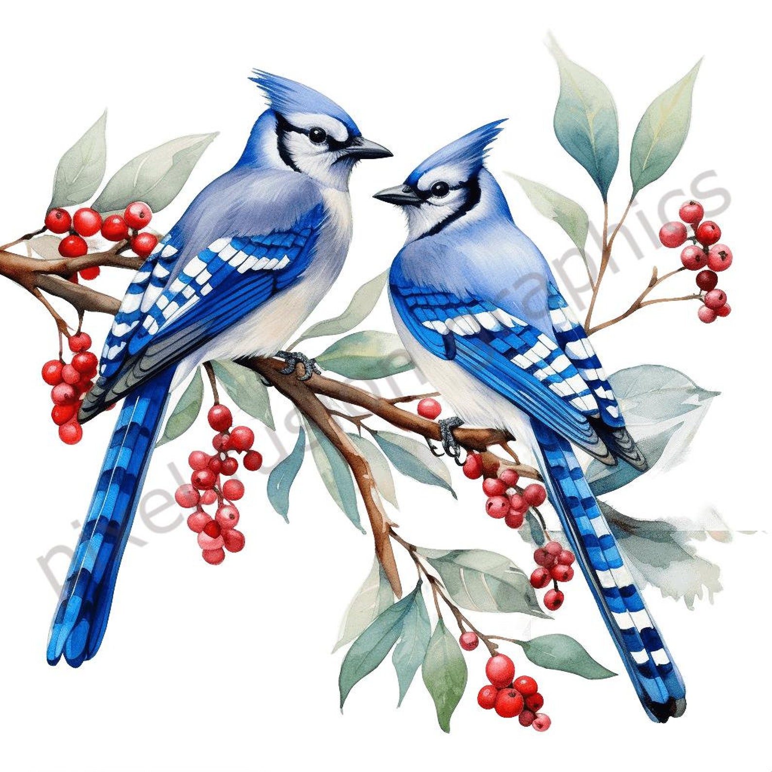 PNG Blue Jay Watercolor Clip Art With Flowers, Leaves on Branches Day ...