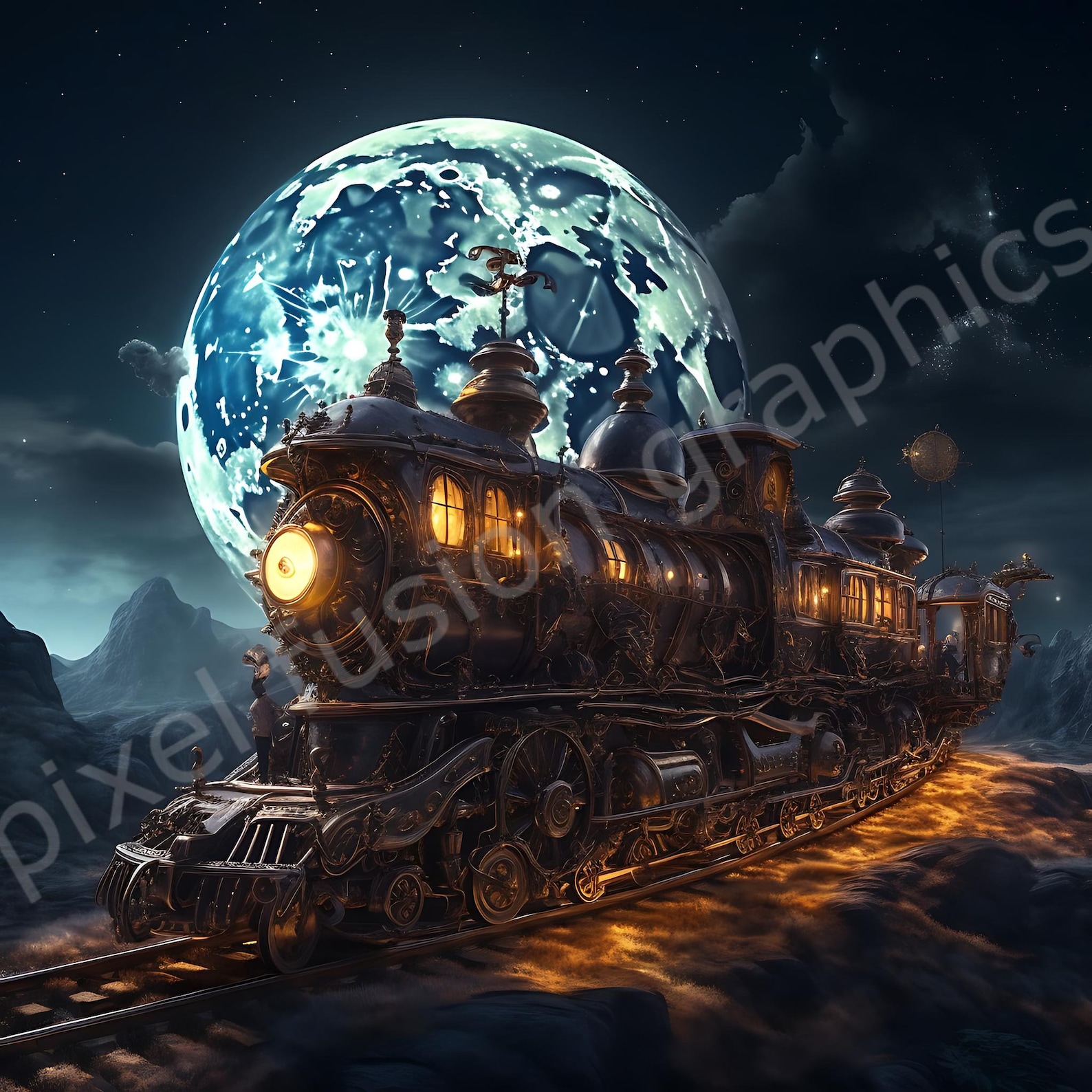 Trains Clipart Train Graphics Steampunk Locomotive Clipart Downloadable ...