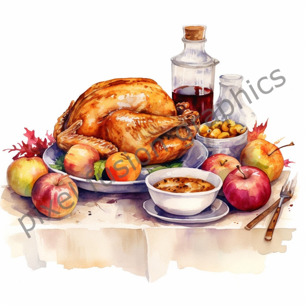 Thanksgiving Dinner Table Clipart Turkey Eating Fall Kitchen Watercolor ...