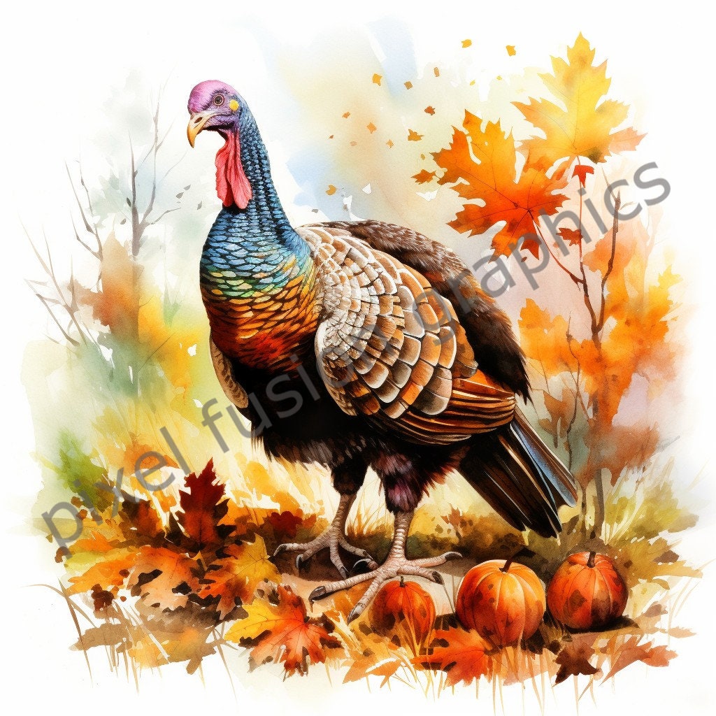 Thanksgiving Dinner Table Clipart Turkey Eating Fall Kitchen Watercolor ...