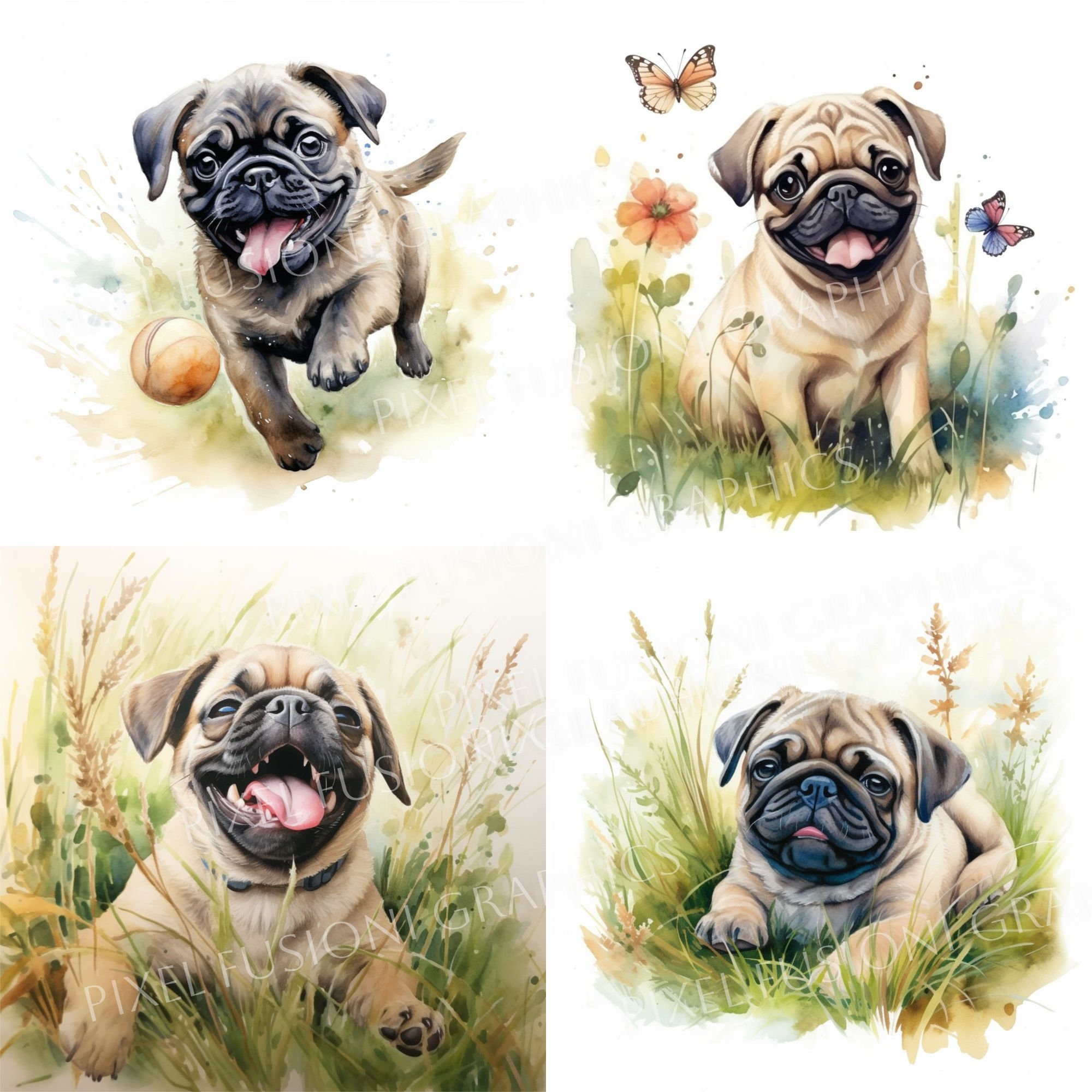 Pug Watercolor, Clipart, 12 JPG Format Images, Dog Clipart, Digital ...