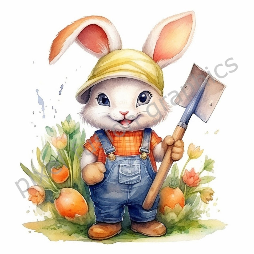 Watercolor Bunny Clip Art Boys Nursery Bunny Farm Animals Farmer Rabbit ...