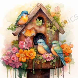 Watercolor Bird Houses Clip Art Set Floral Spring Bird and Houses Rainy ...