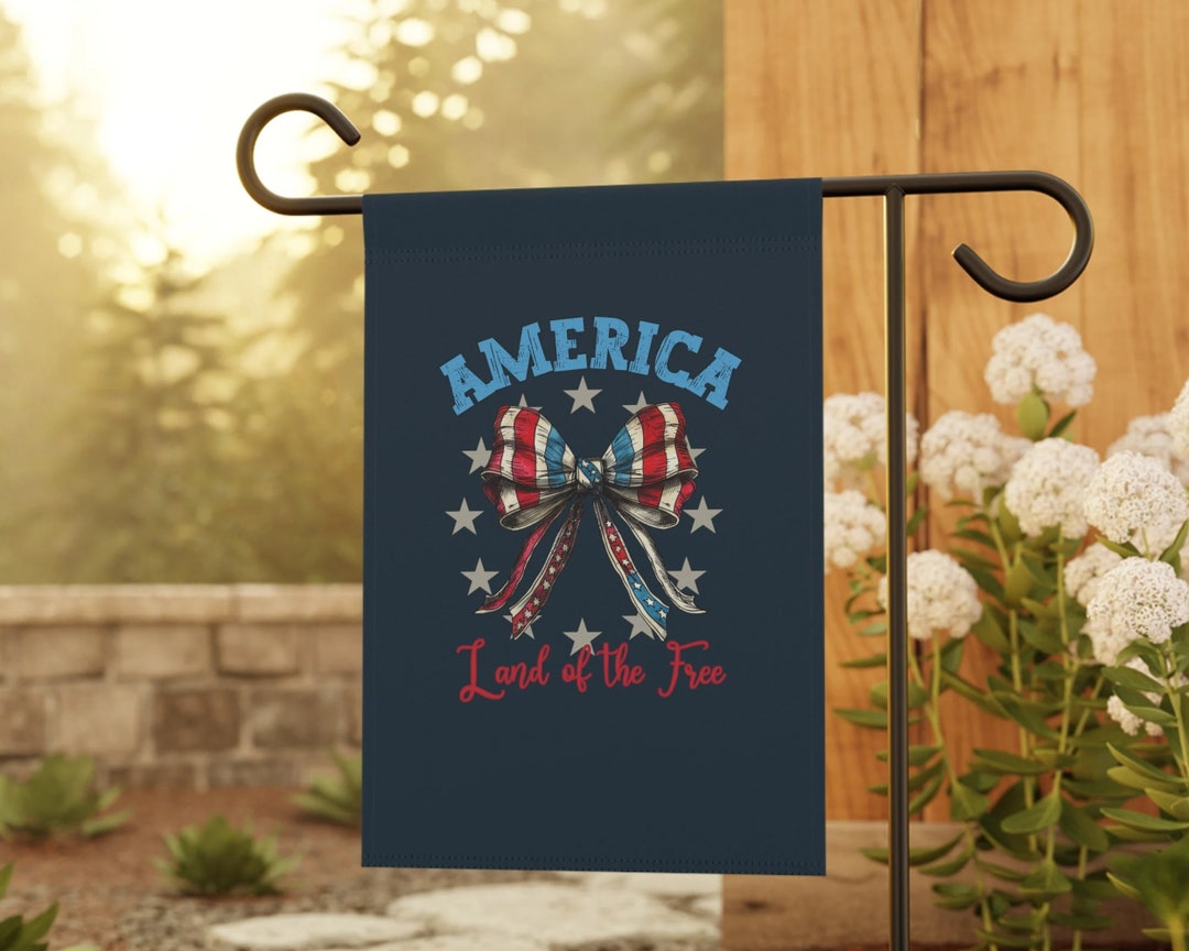 Patriotic Welcome Flag Americana Motif Red White Blue Bow House Garden ...