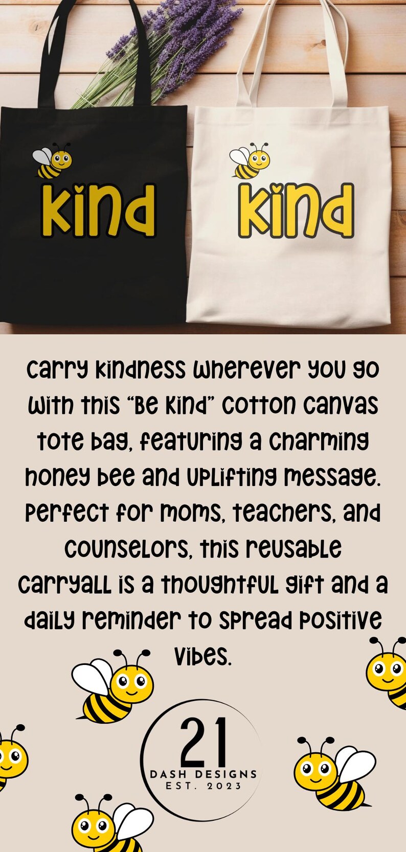 Be Kind Cotton Canvas Tote Bag: Honey Bee Positive Vibes - Etsy