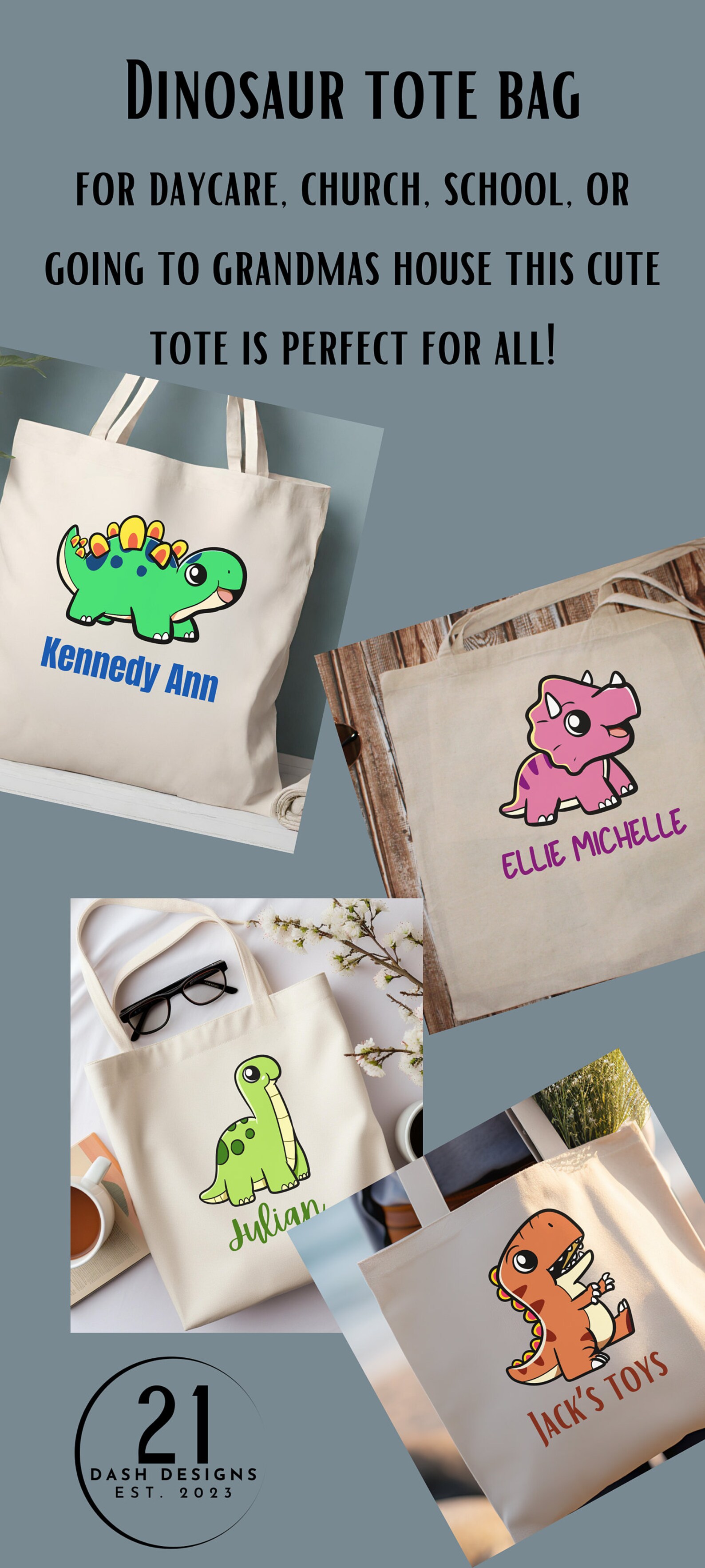 Personalized Dinosaur Tote Bag Custom Kids Bag Gift Idea Personalized ...