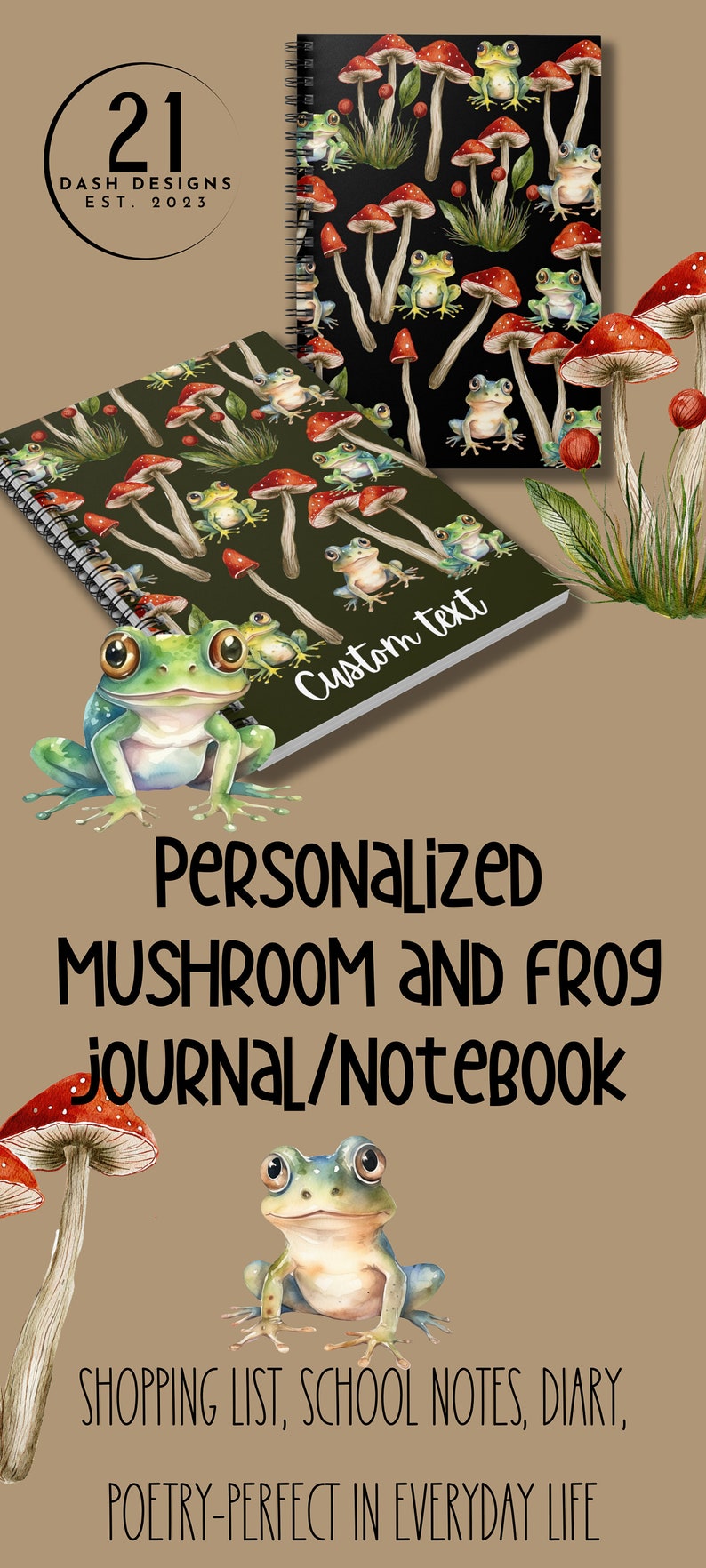 Personalized Frog and Mushroom Spiral Notebook Custom Journal Nature ...