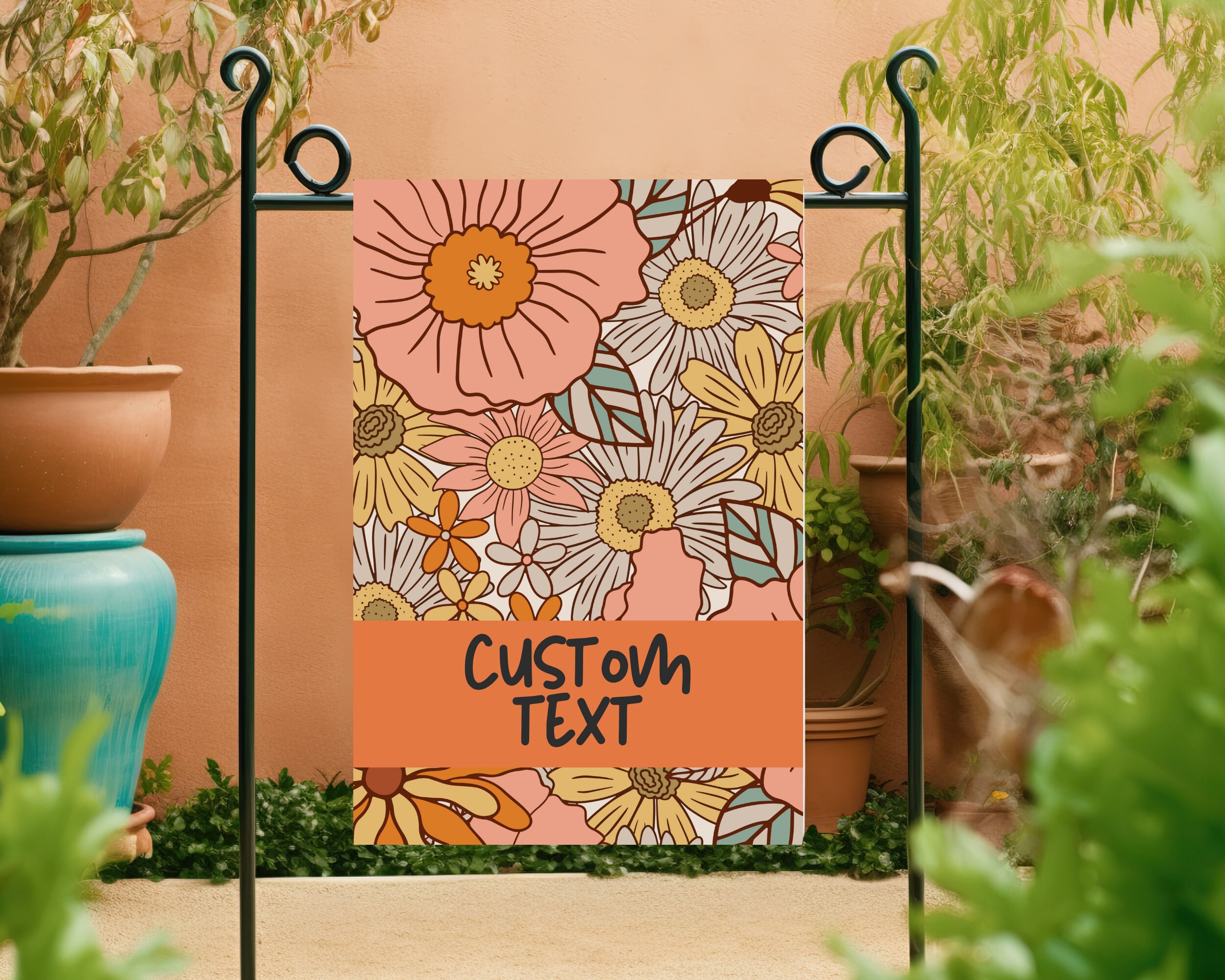 Custom Summer Garden House Flag Retro Floral Motif Personalized Name ...