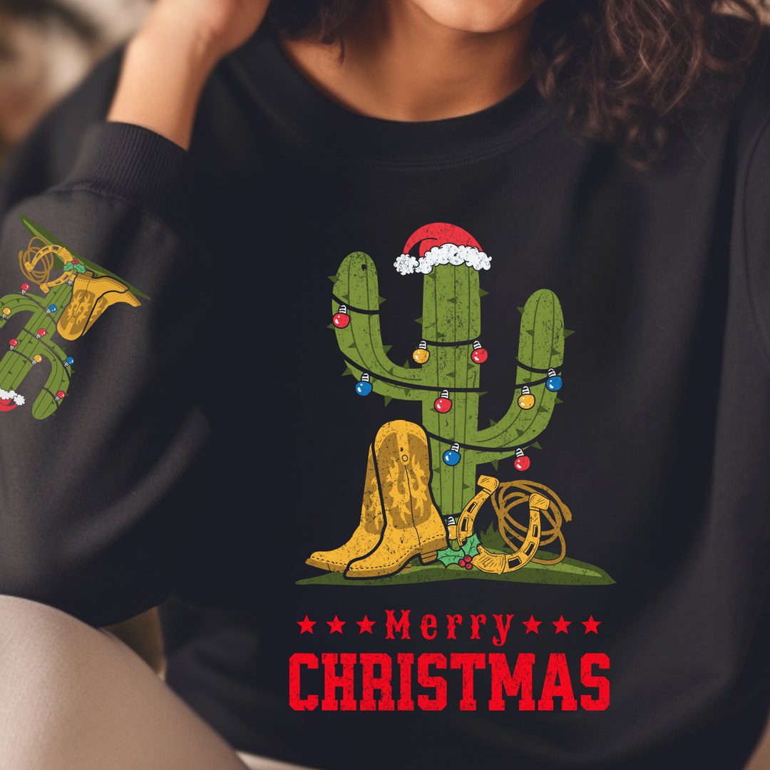 Western Merry Christmas Cactus Sweatshirt With Sleeve Detail, Cowboy ...