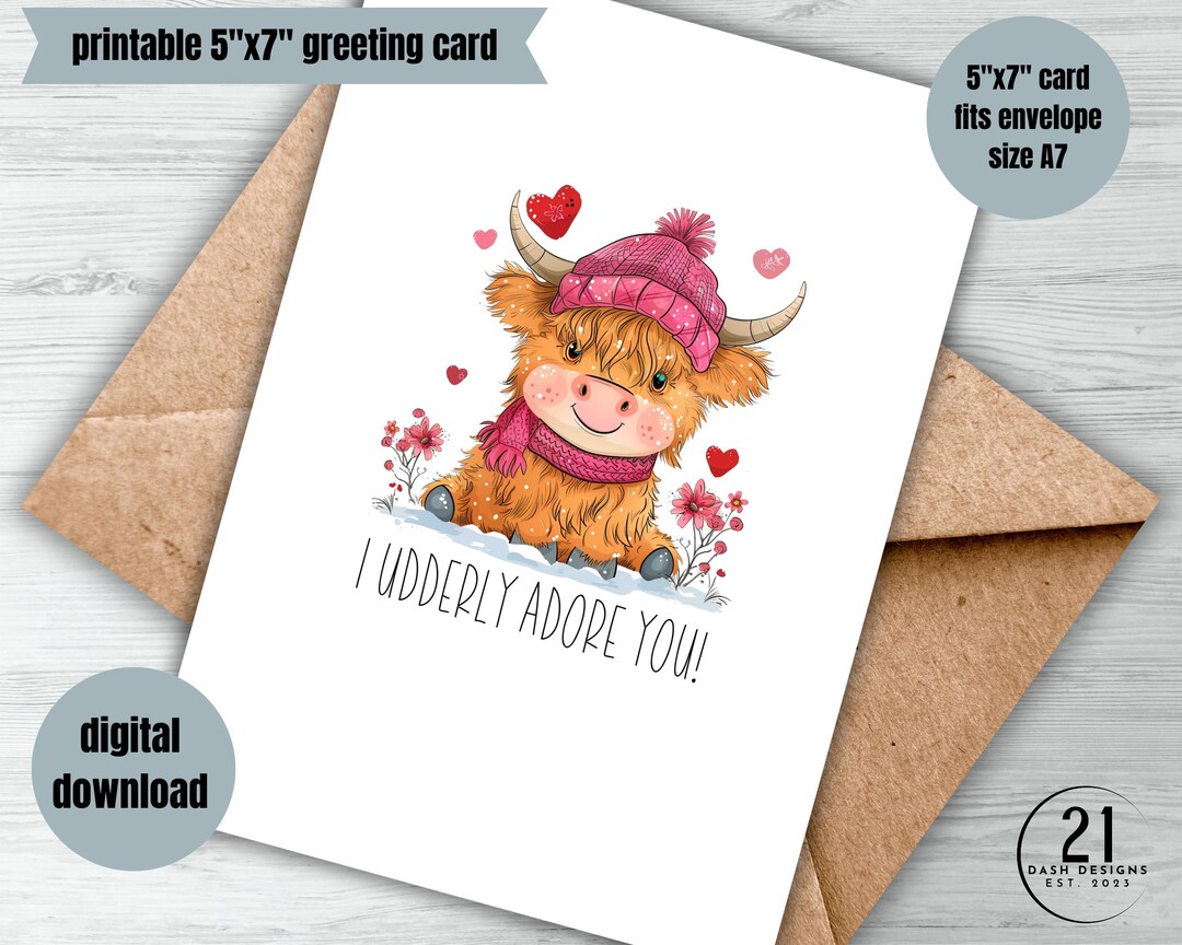 Highland Cow Valentine Card, Udderly Adore You Pun (digital Download ...