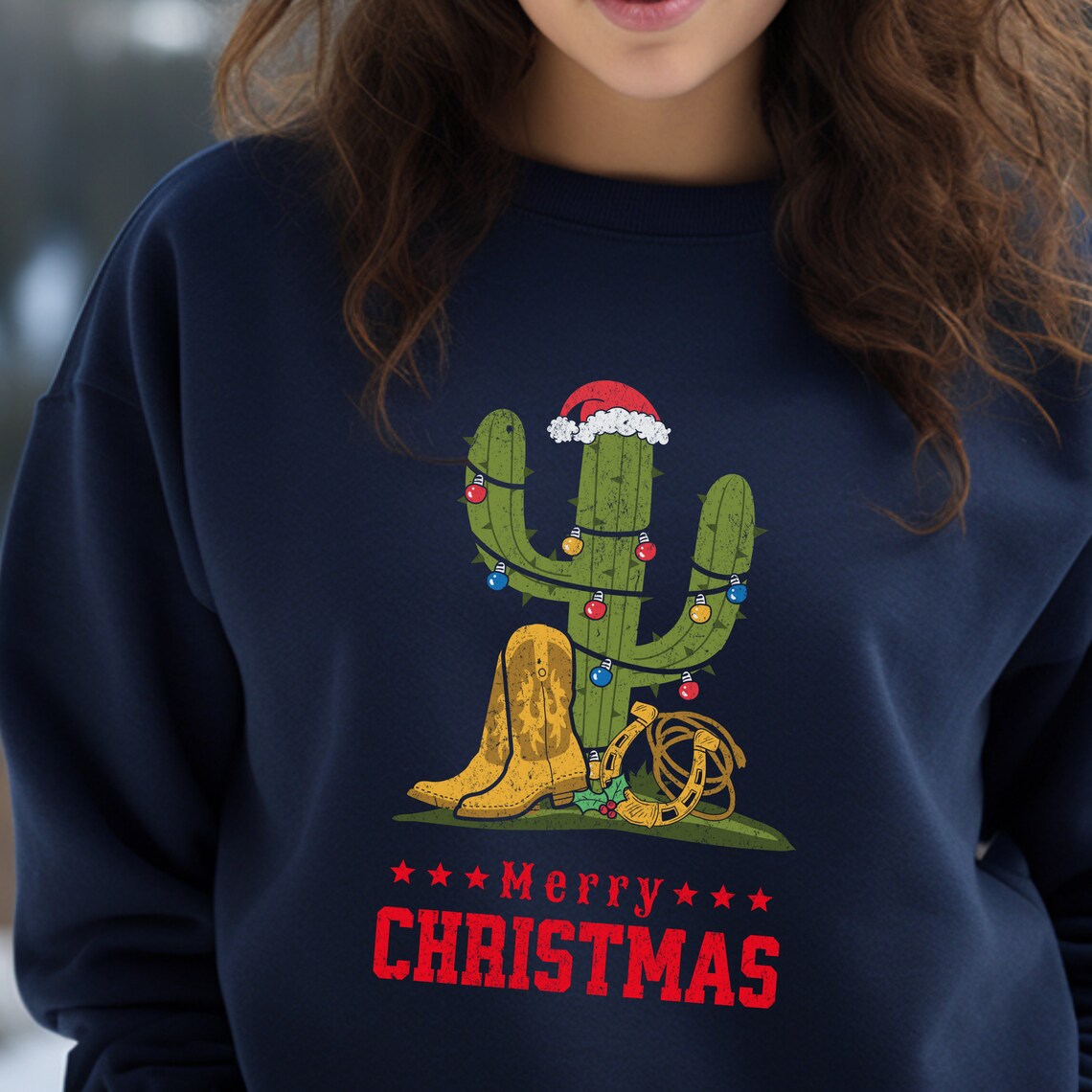 Western Merry Christmas Cactus Sweatshirt With Sleeve Detail, Cowboy ...