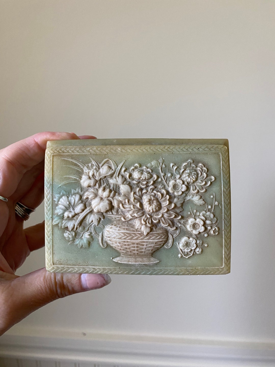 Green and Floral Incolay Trinket Box - Etsy