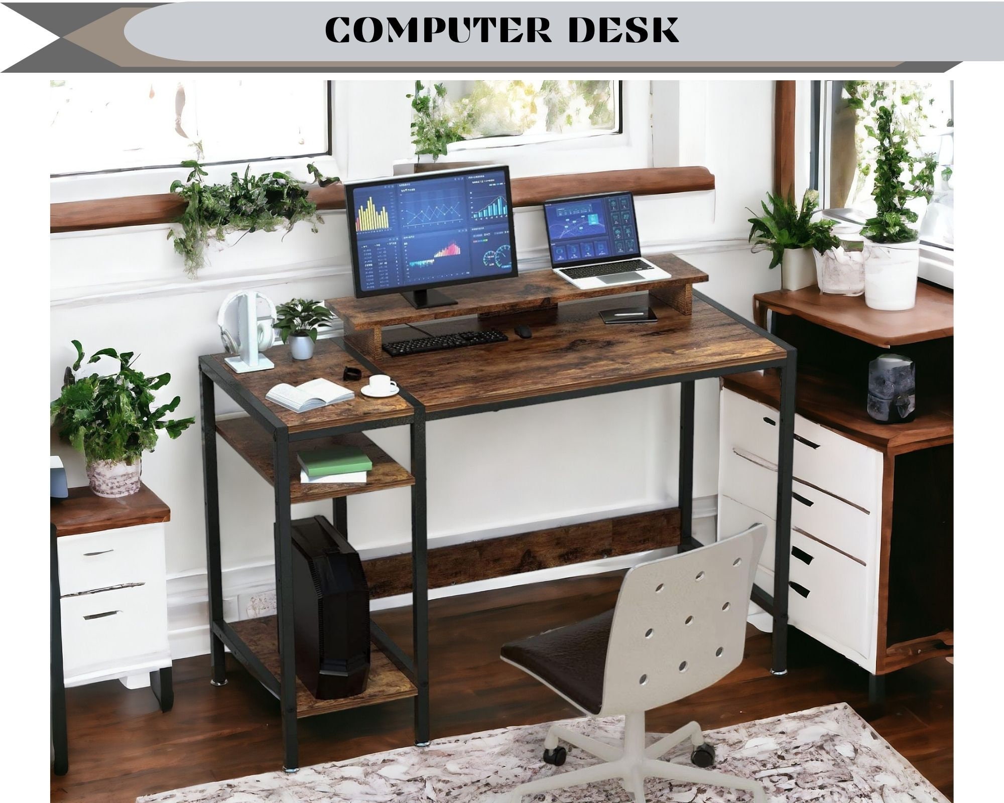 Solid Wood Computer Desk With Drawers and Shelves, Industrial Rustic ...