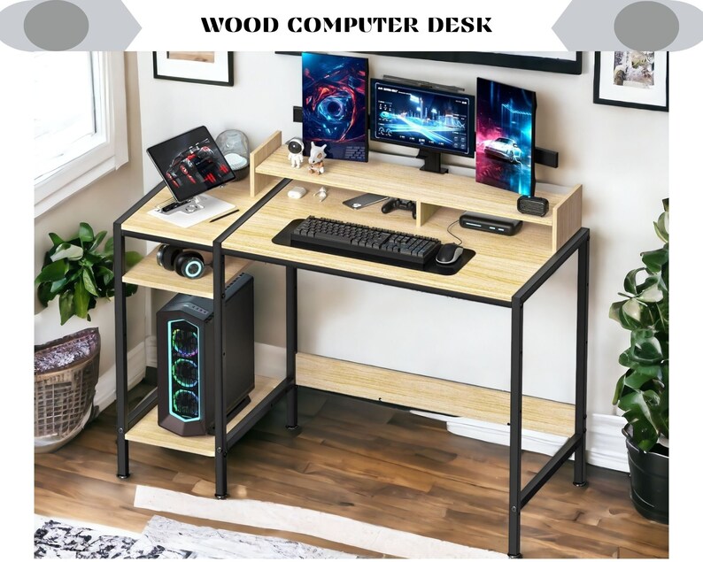 Solid Wood Computer Desk With Drawers and Shelves, Industrial Rustic ...