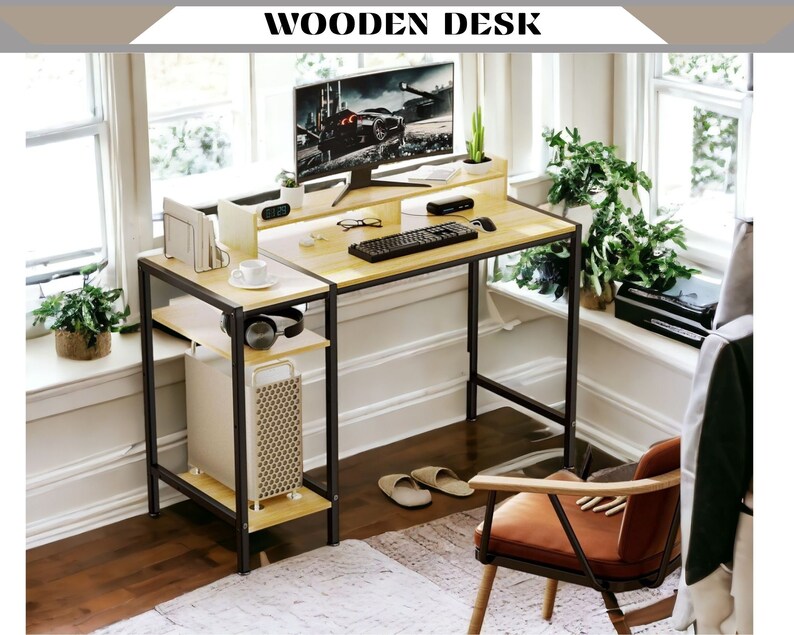 Solid Wood Computer Desk With Drawers and Shelves, Industrial Rustic ...