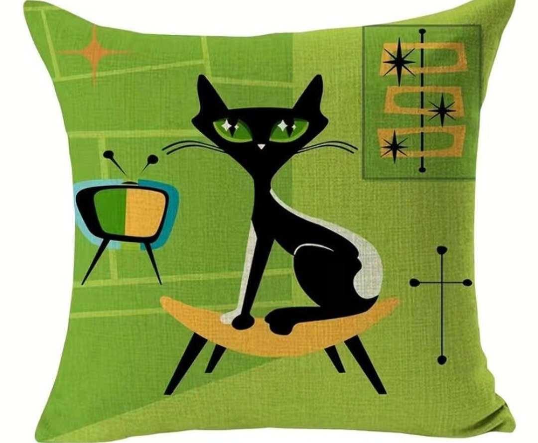 Atomic Cat Retro Mid Century Modern Linen Pillow Cases Etsy
