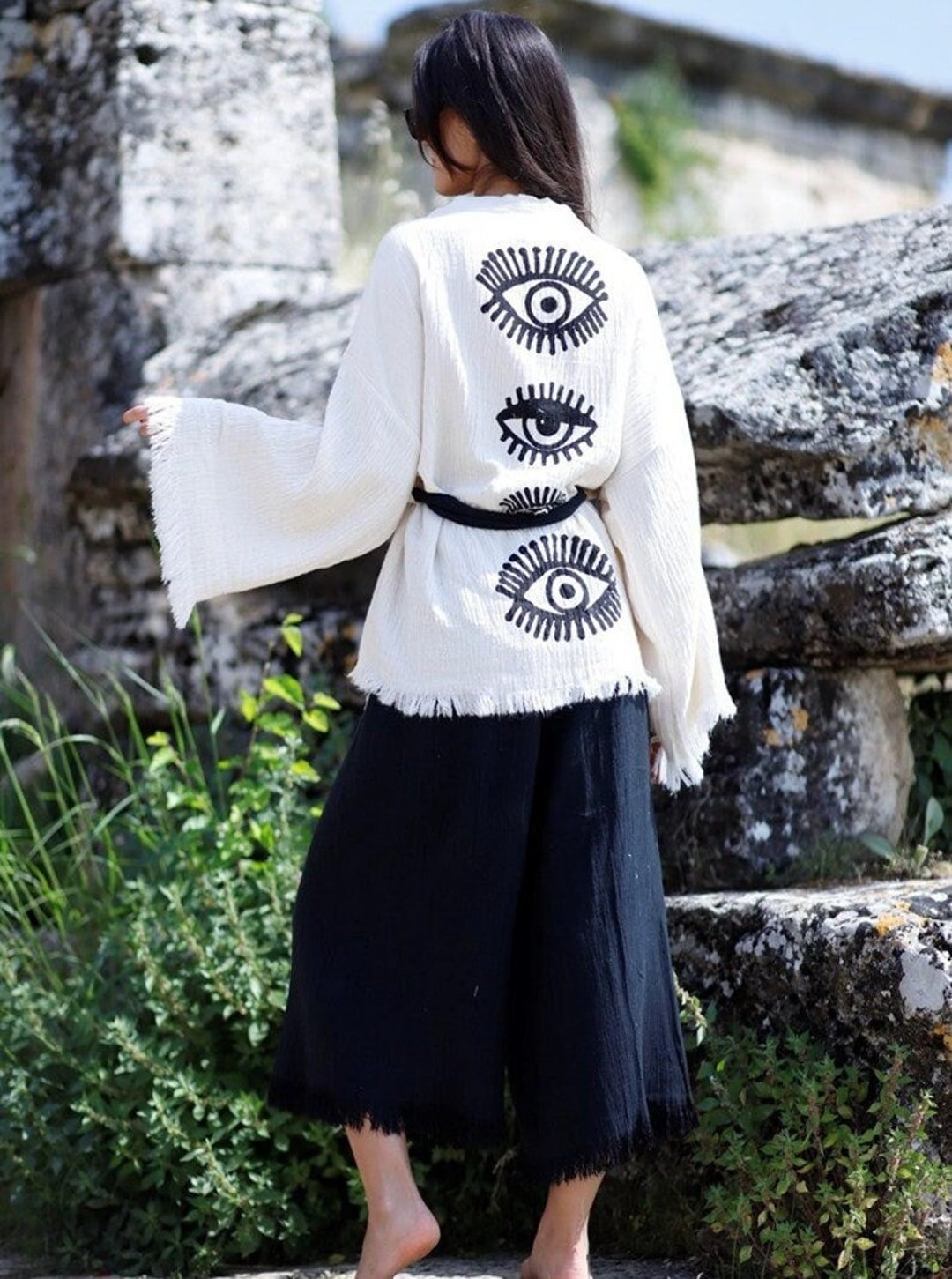 Organic Cotton White Evil Eye Short Kimono, Handmade Evil Eye Kimono ...