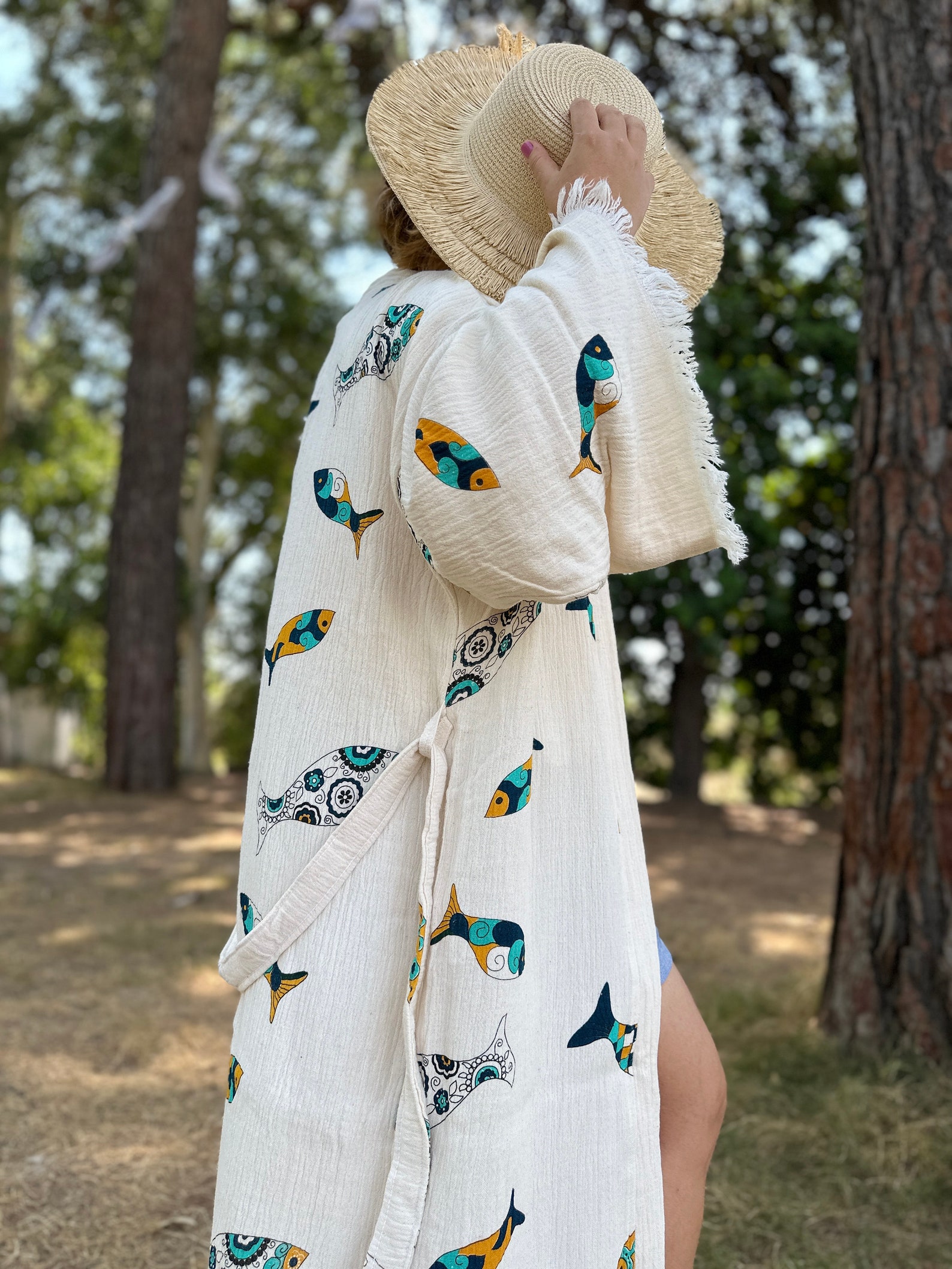 Handmade Kimono With Fish Design for Sea Lovers, Sea Enthusiast Robe ...