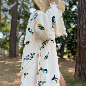 Handmade Kimono With Fish Design for Sea Lovers, Sea Enthusiast Robe ...