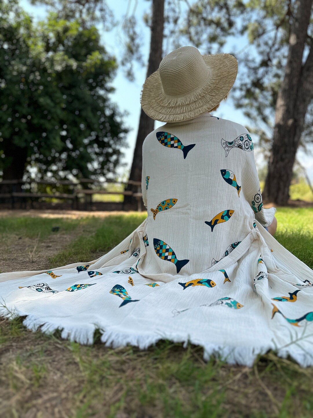 Handmade Kimono With Fish Design for Sea Lovers, Sea Enthusiast Robe ...