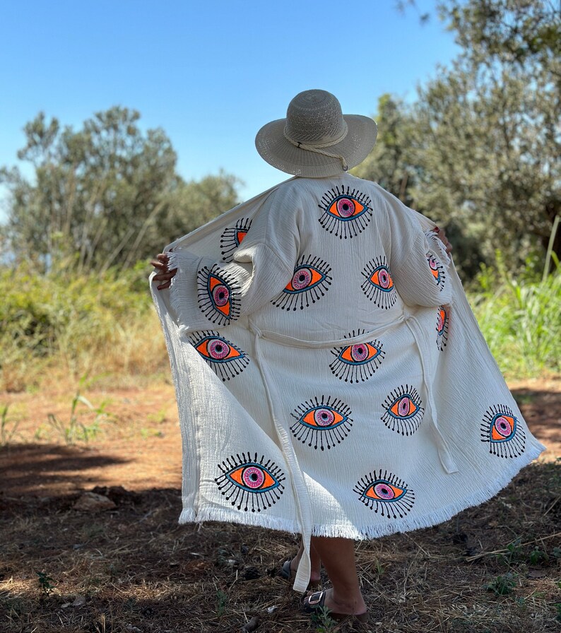 Handmade Evil Eye Boho Festival Kimono, Beachwear Cover Up, Evil Eye ...