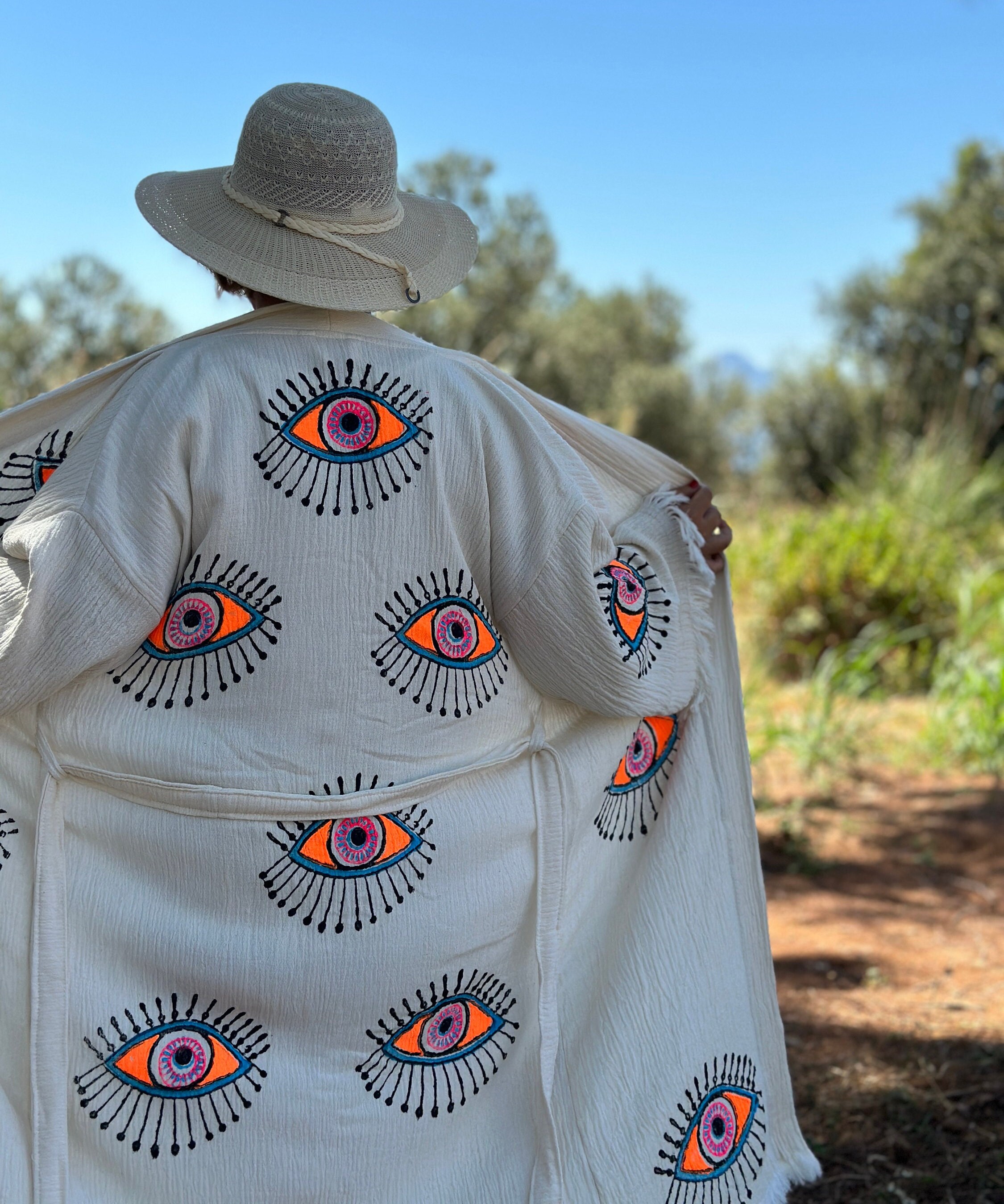 Handmade Evil Eye Boho Festival Kimono, Beachwear Cover Up, Evil Eye ...
