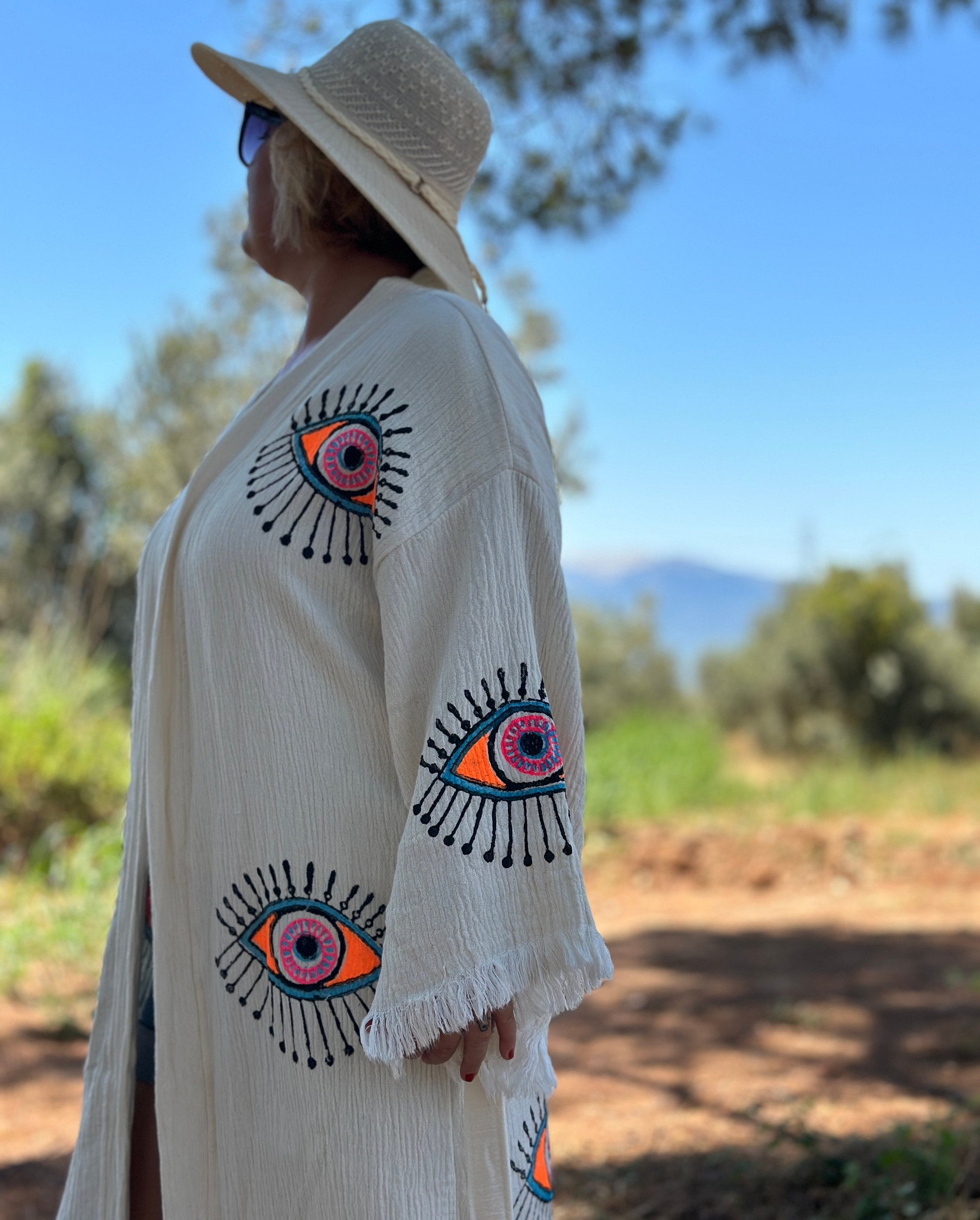 Handmade Evil Eye Boho Festival Kimono, Beachwear Cover Up, Evil Eye ...