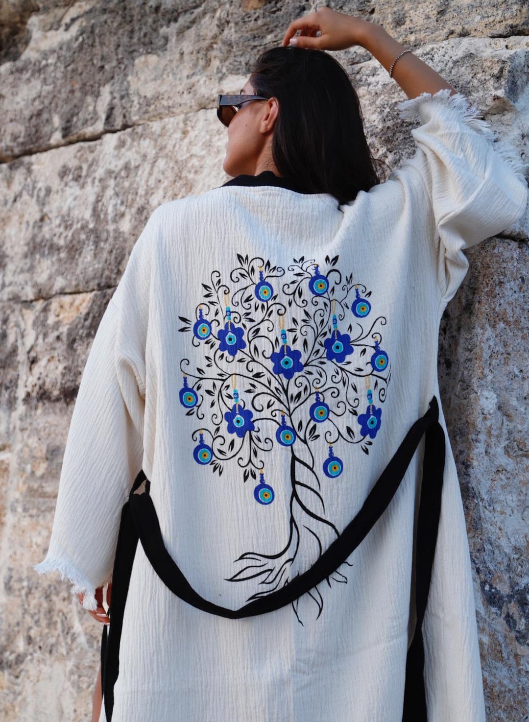 Organic Cotton Evil Eye Kimono Robe: Hamsa Hand Boho Bathrobe - Etsy UK