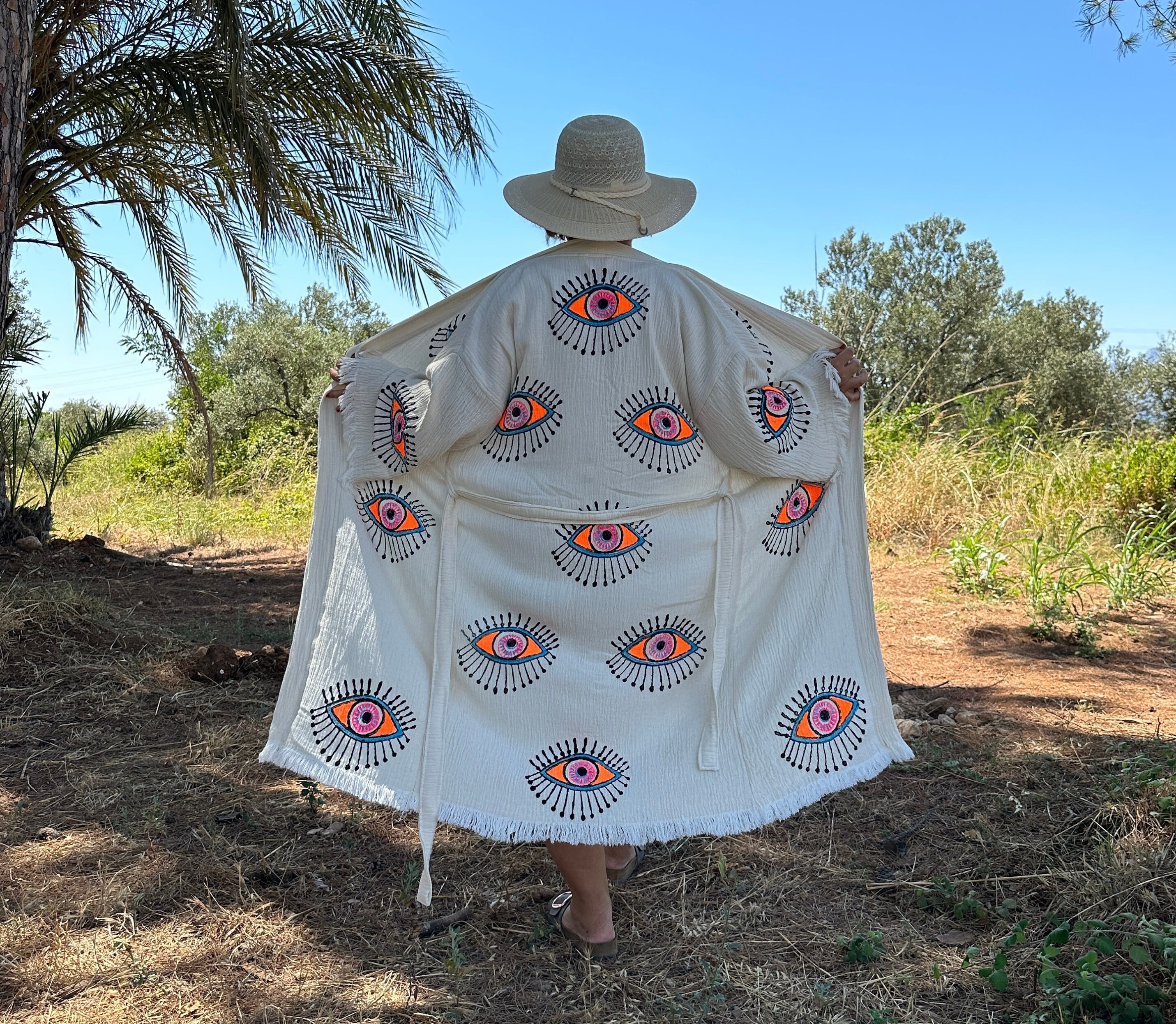 Handmade Evil Eye Boho Festival Kimono, Evil Eye Morning Robe, Boho ...