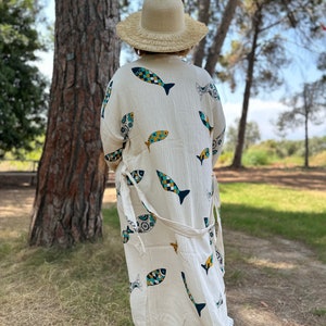Handmade Kimono With Fish Design for Sea Lovers, Sea Enthusiast Robe ...
