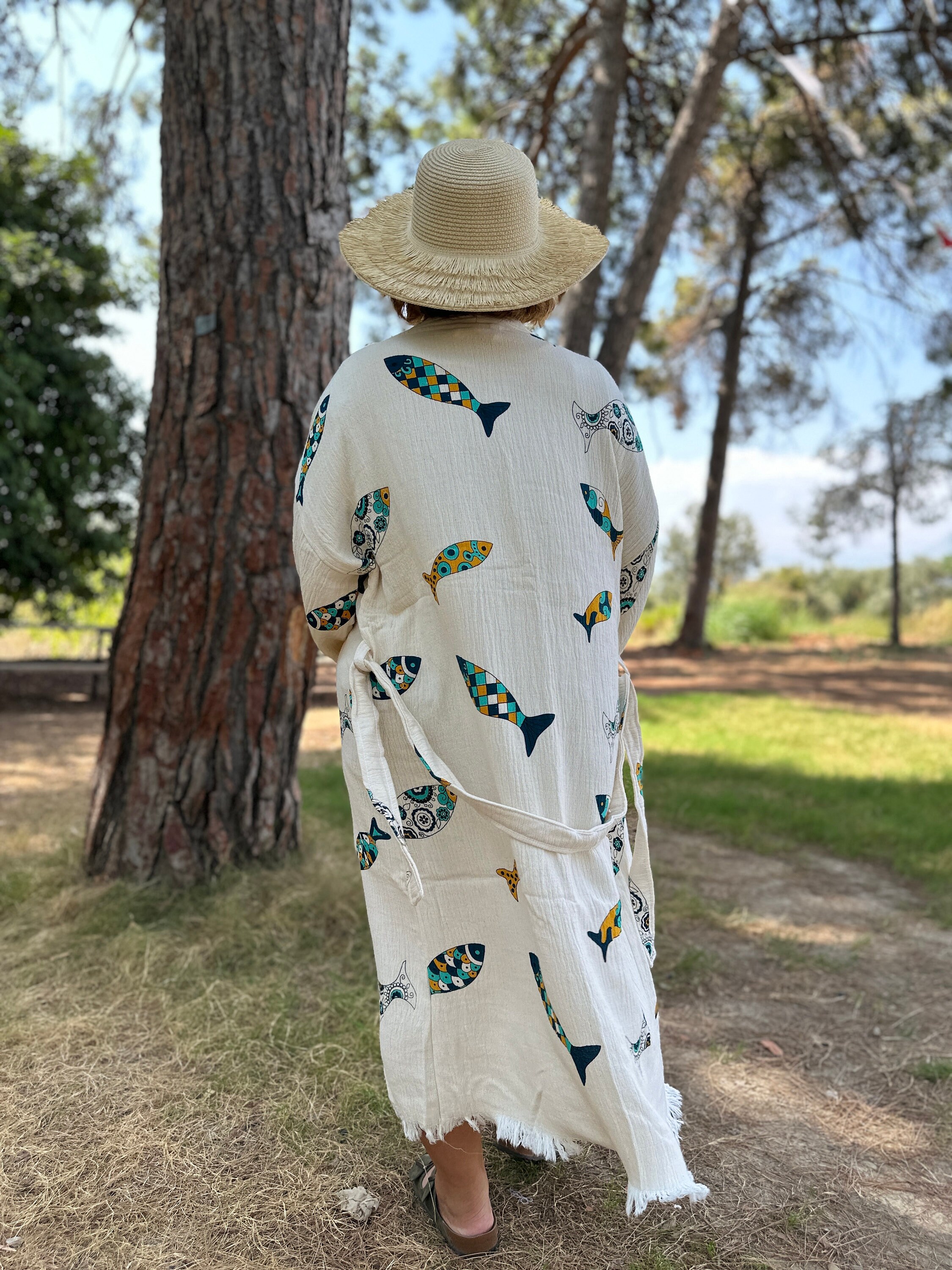 Handmade Kimono With Fish Design for Sea Lovers, Sea Enthusiast Robe ...