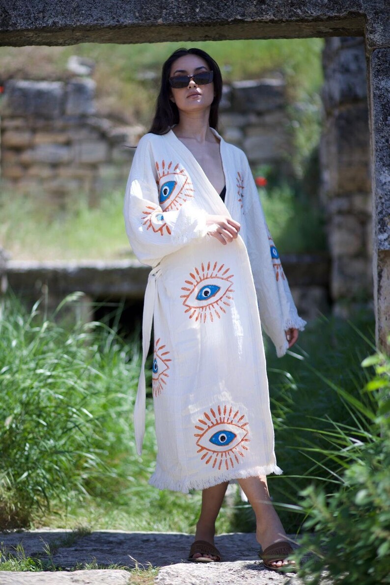 Handmade Evil Eye Muslin Kimono, Ethnic Kaftan, Dressing Gown, Organic ...