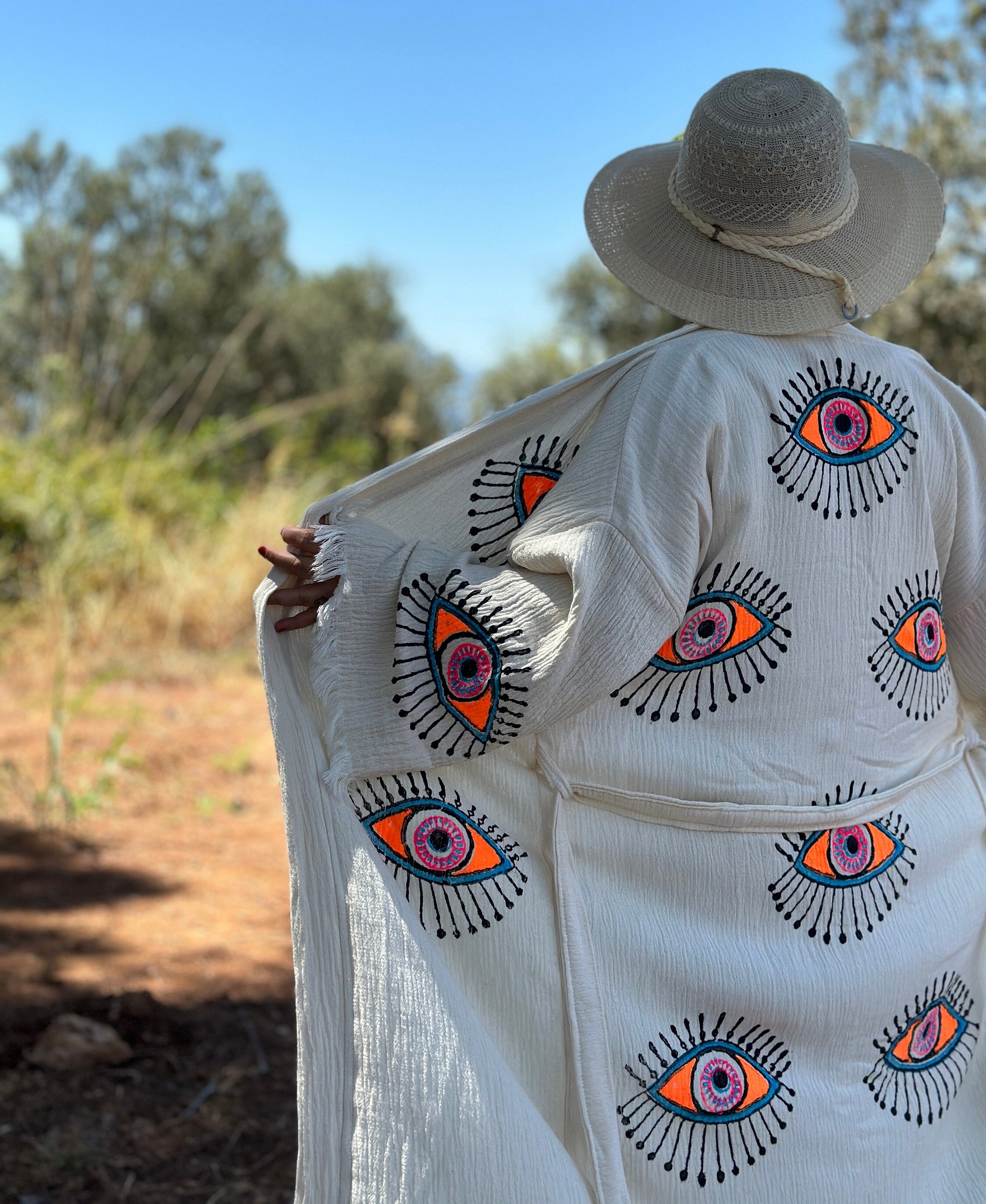 Handmade Evil Eye Boho Festival Kimono, Beachwear Cover Up, Evil Eye ...