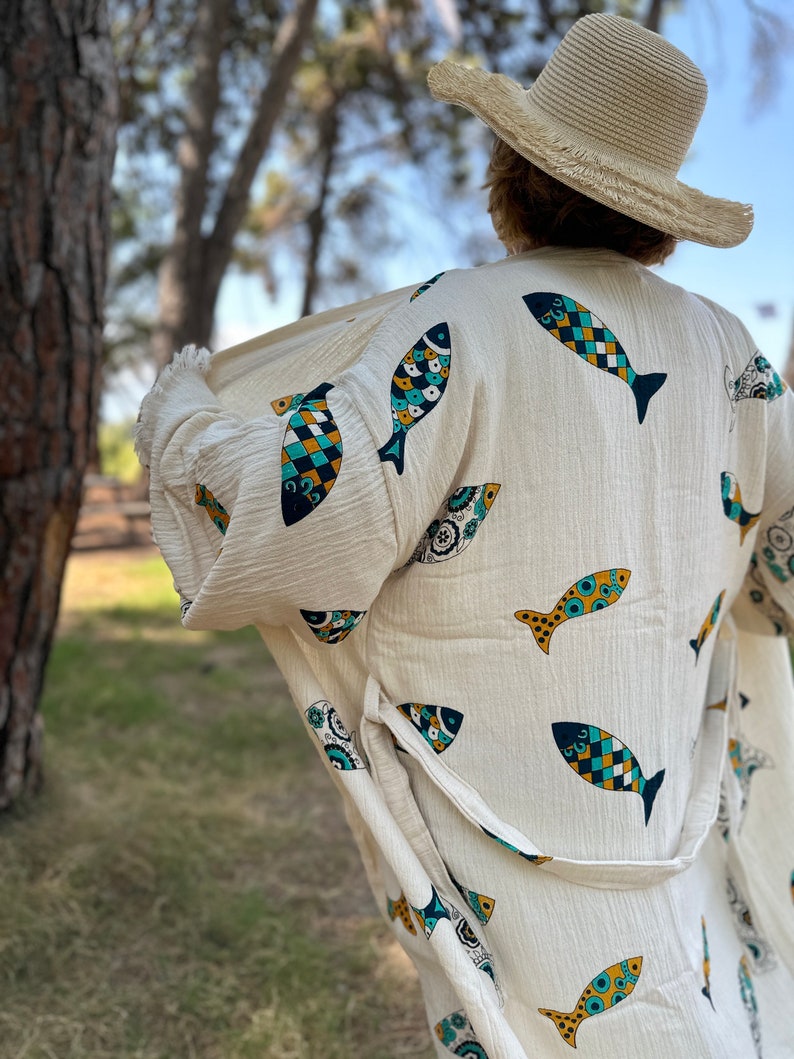 Handmade Kimono With Fish Design for Sea Lovers, Sea Enthusiast Robe ...