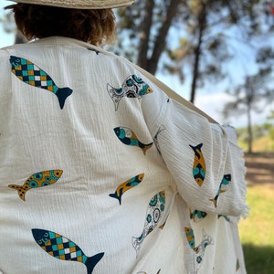 Handmade Kimono With Fish Design for Sea Lovers, Sea Enthusiast Robe ...