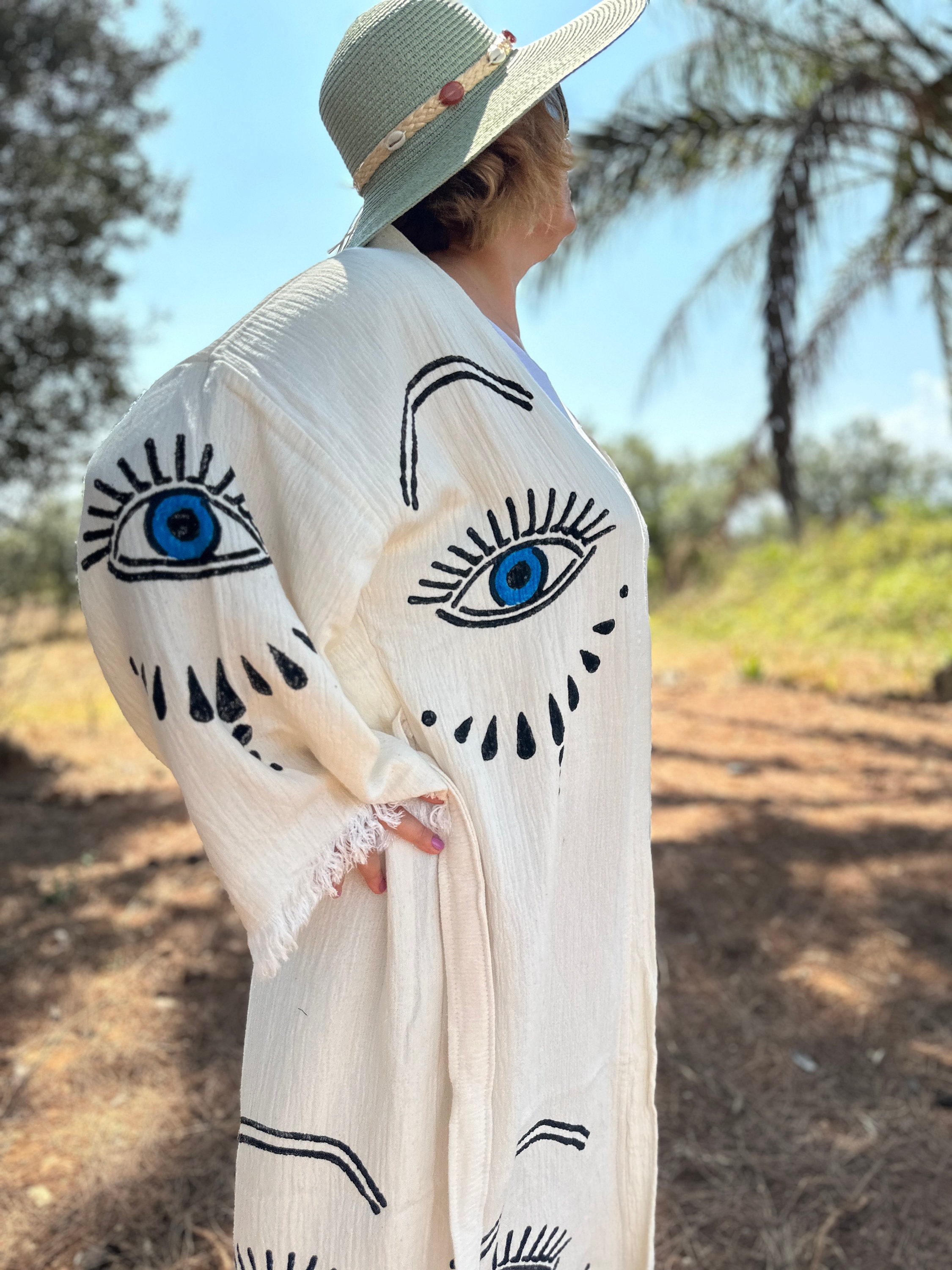 Handmade Evil Eye Blue Gift Robe, Organic Cotton Blue Drop Evil Eye All ...