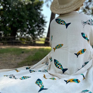 Handmade Kimono With Fish Design for Sea Lovers, Sea Enthusiast Robe ...