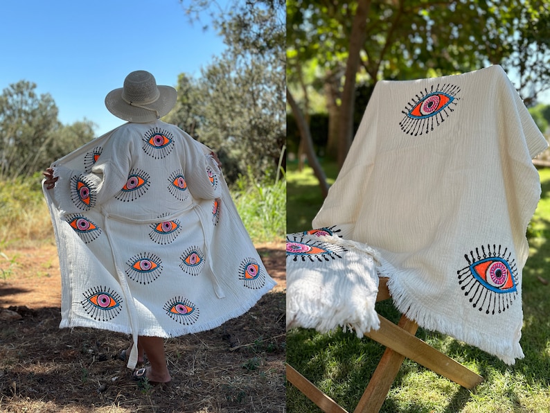 Handmade Evil Eye Boho Festival Kimono, Beachwear Cover Up, Evil Eye ...