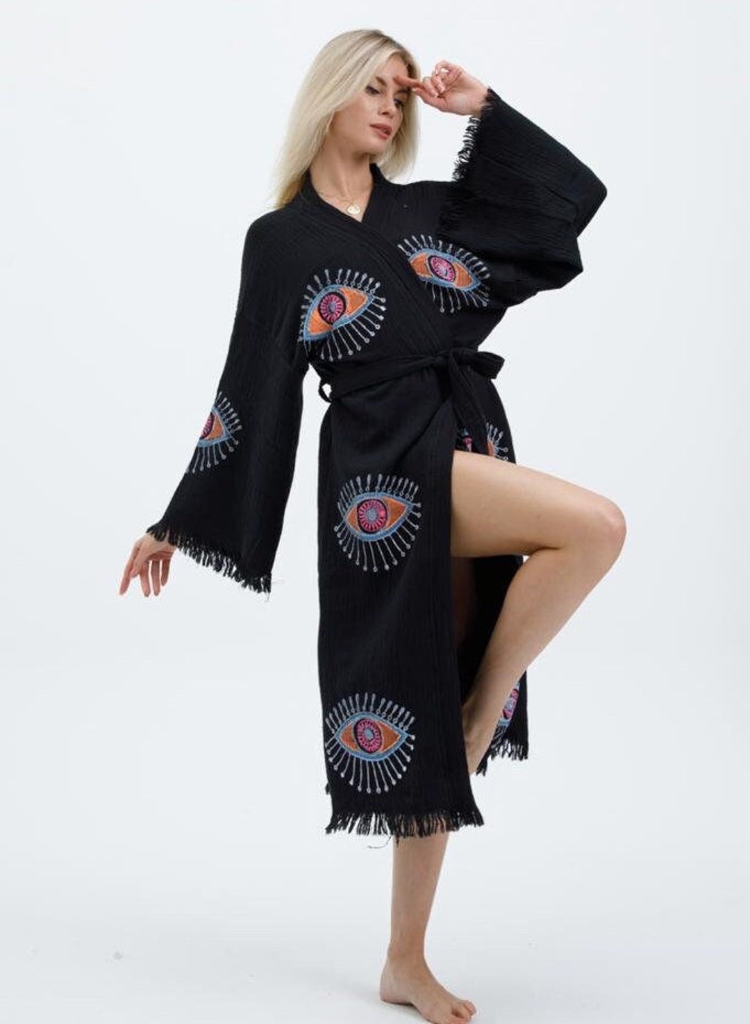 Handmade Evil Eye Festival Black Kimono, Organic Cotton Boho Beachwear ...
