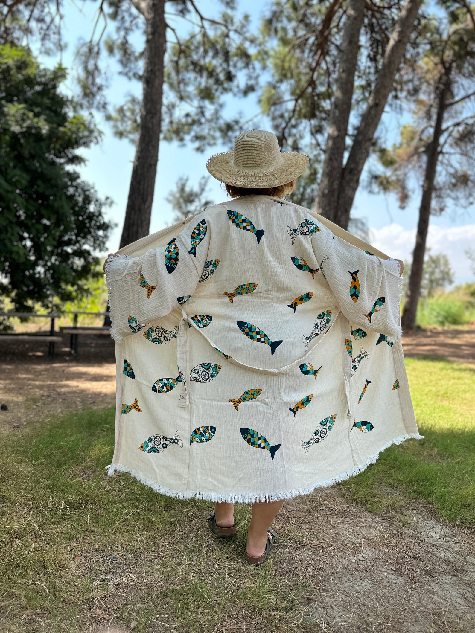 Handmade Kimono With Fish Design for Sea Lovers, Sea Enthusiast Robe ...