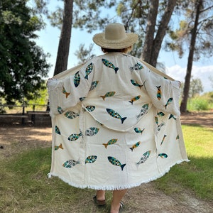 Handmade Kimono With Fish Design for Sea Lovers, Sea Enthusiast Robe ...