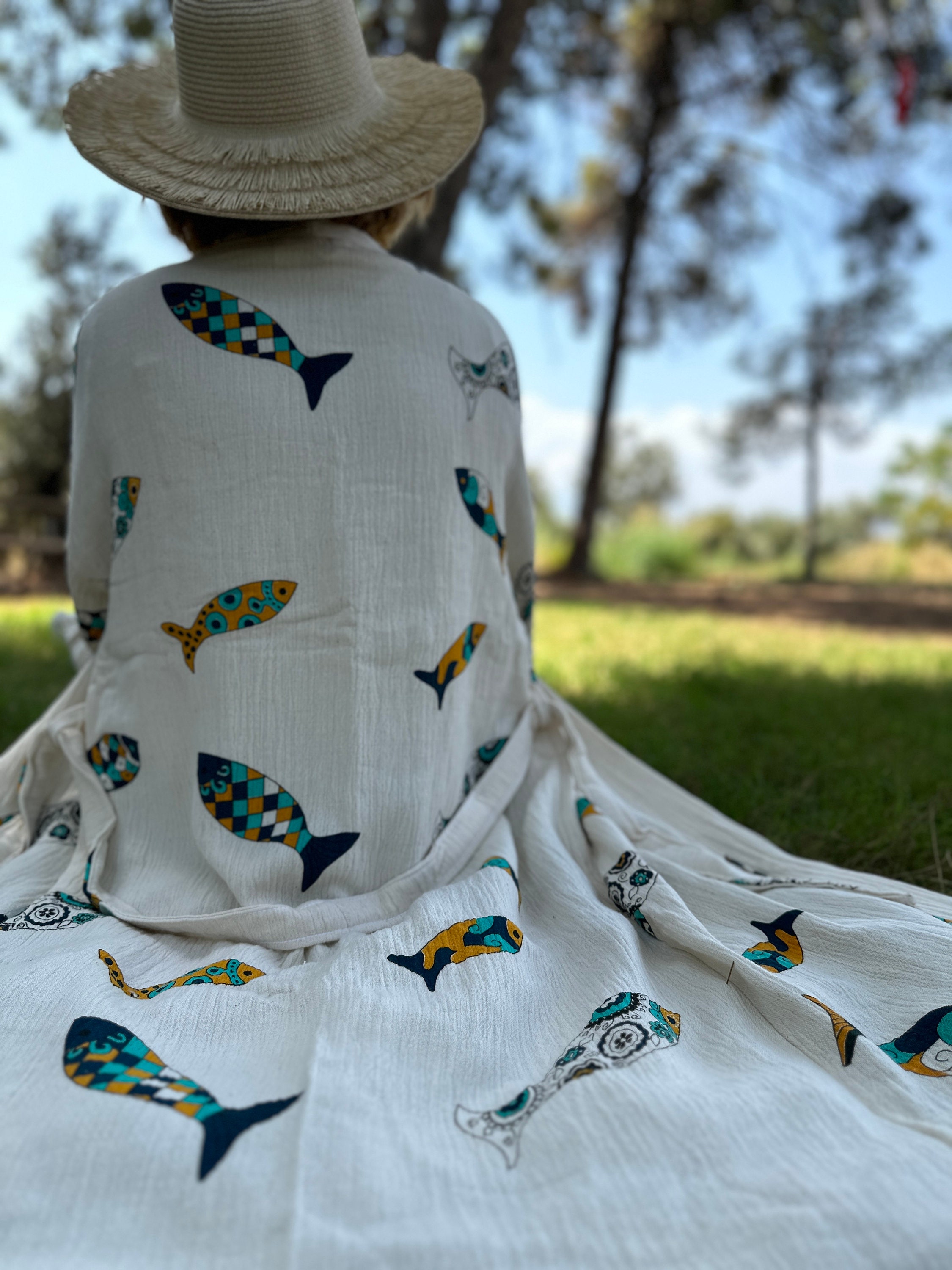 Handmade Kimono With Fish Design for Sea Lovers, Sea Enthusiast Robe ...