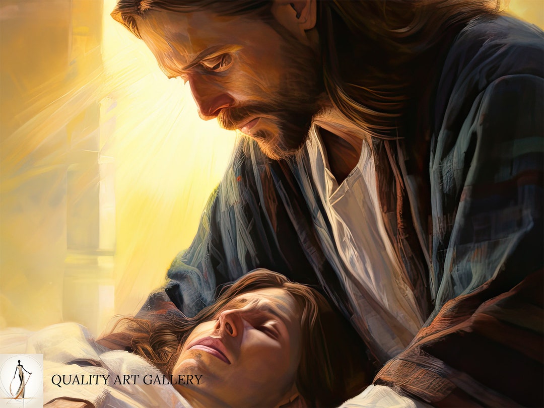 Jesus Miracles Art Print, Messiah Heals Woman Artwork, Printable Bible Story Gospel Painting ...