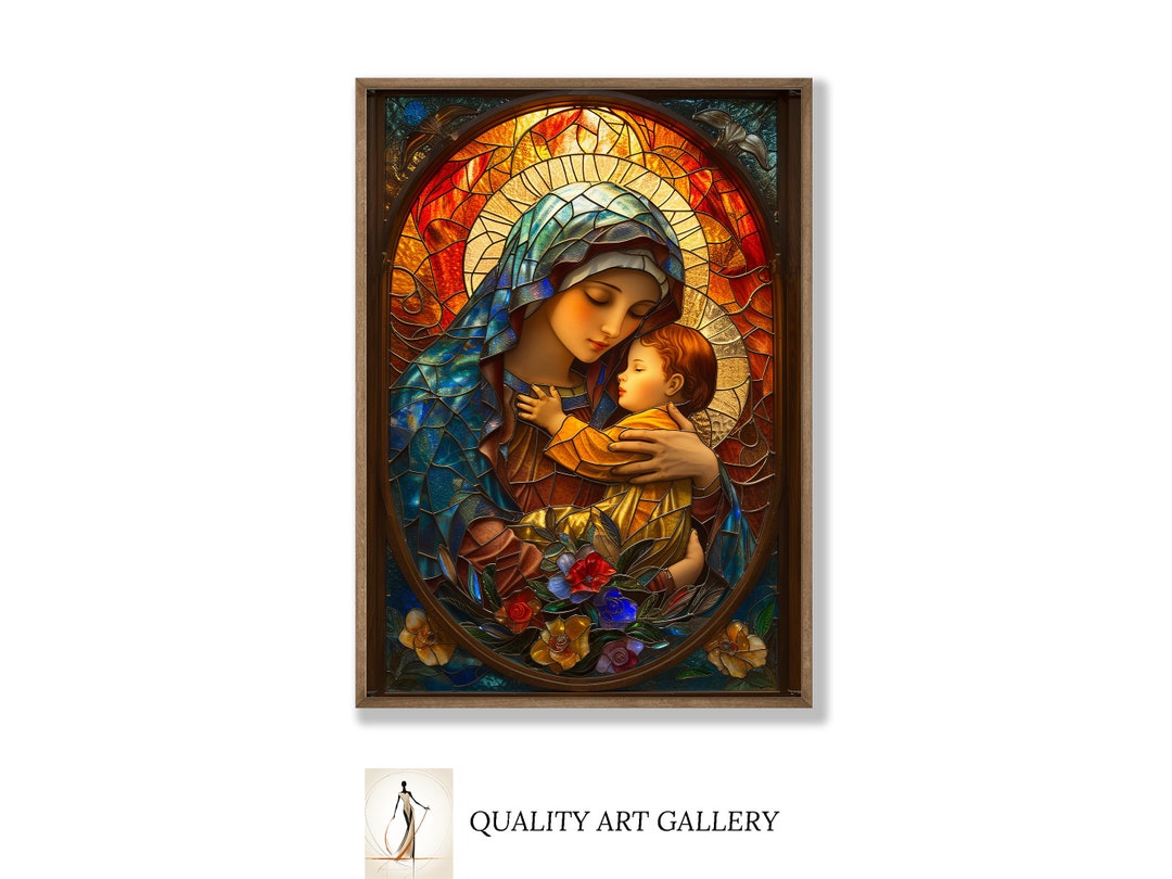 Virgin Mary Stained Glass Artwork, Christ Child Digital Art Print ...