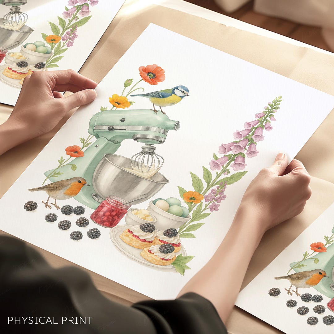 Bake off Style Print, Kitchen Wall Art, Garden Birds and Scones Print ...
